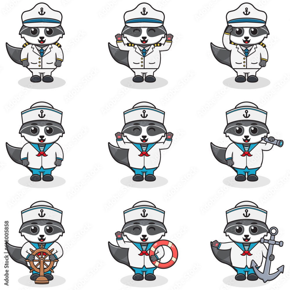 Funny Raccoon sailors set. Cute Raccoon characters in captain cap ...