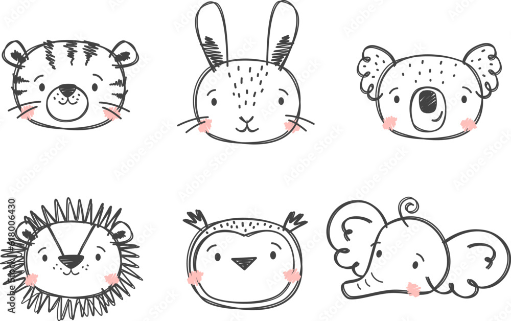 A set of cute vector illustrations in a linear hand-drawn style ...
