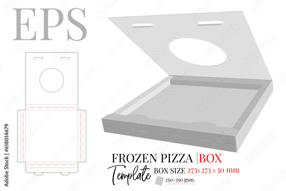 Frozen pizza box vector, die cut template. White clear blank open ...