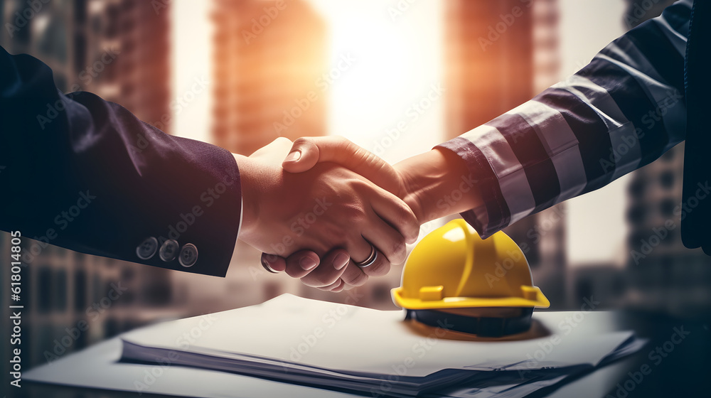 Architect and engineer construction workers shaking hands while working ...