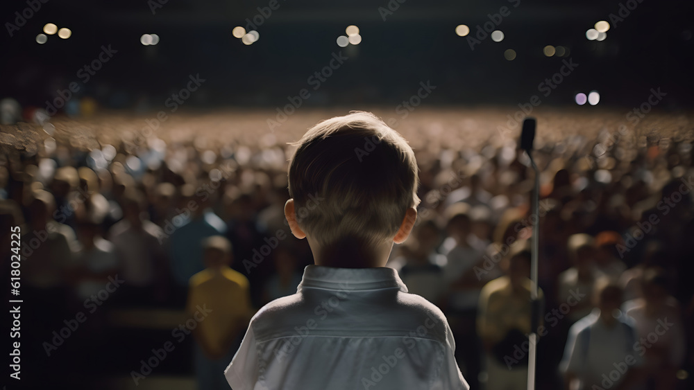 Small child gives a speech on stage in front of thousands people crowd ...