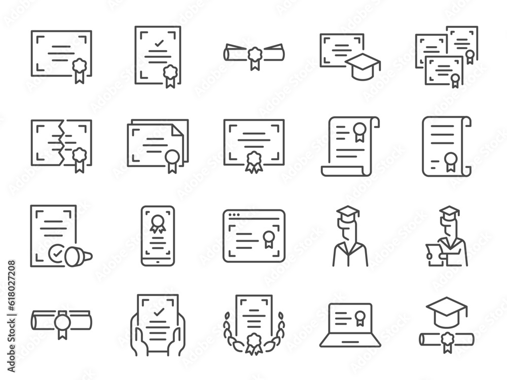 Certificate icon set. It included diploma, certificated, authorization ...