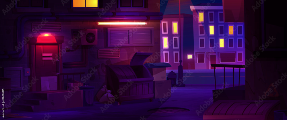 Night city backstreet with dim illumination. Vector cartoon ...