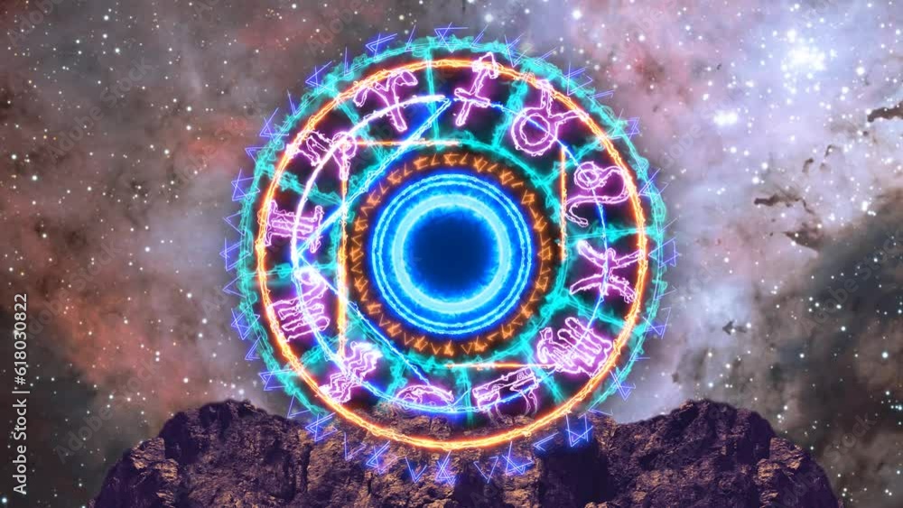 12 zodiac sign border and magic core on top mountain rotate on the ...