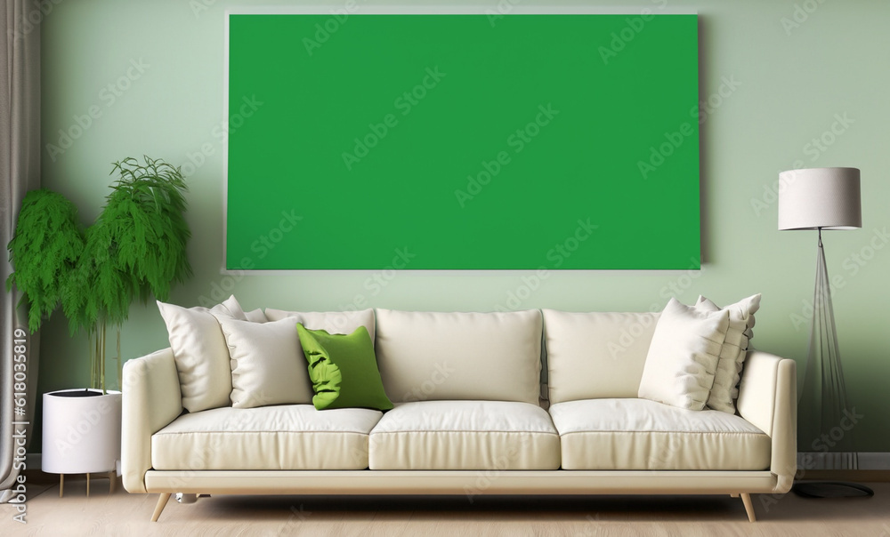 green living room with sofa, Light cream living room sofa with pillows ...
