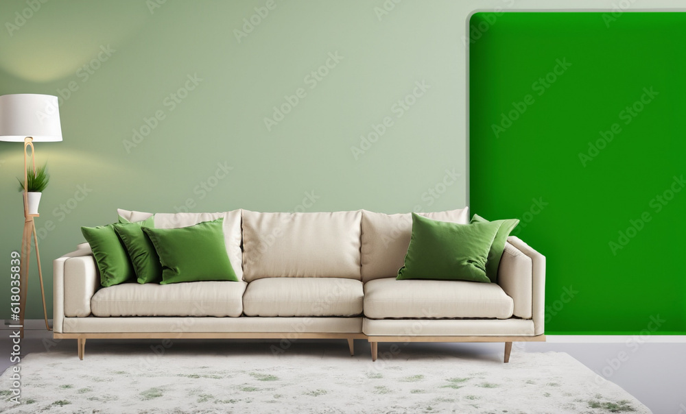 green sofa in a room, Light cream living room sofa with pillows in ...