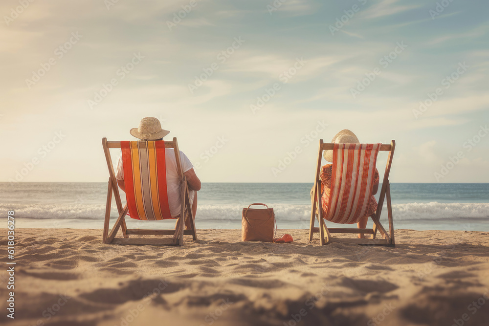 Two people sit in sun loungers on the beach and look at the sea ...
