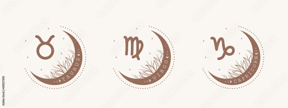 Taurus, virgo, capricorn. Earth zodiac signs in boho style ...