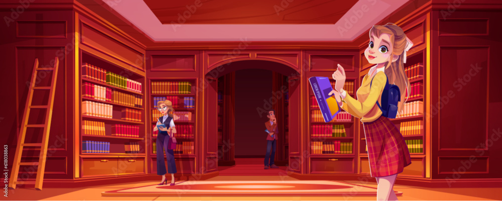 School library room with bookshelf and student vector cartoon ...