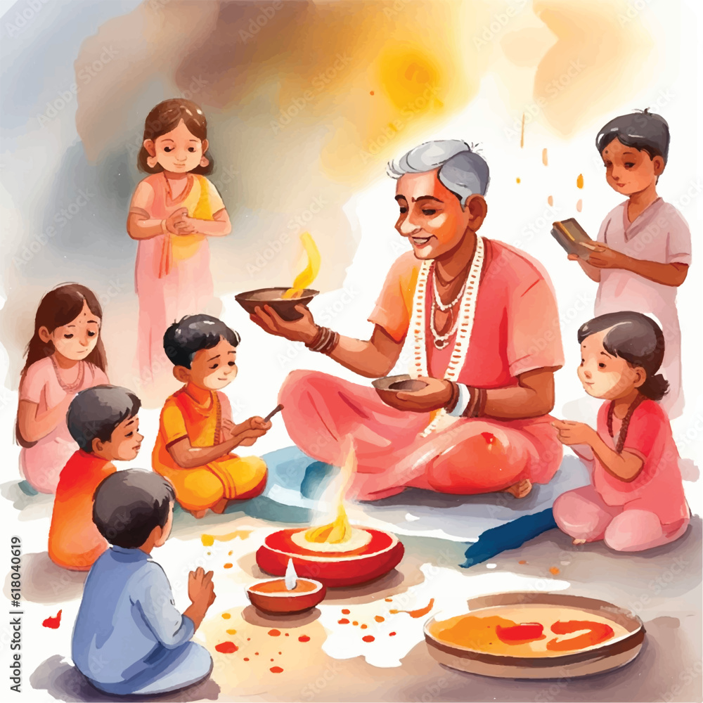 Indian kids in traditional Puja worshipping/yagya watercolour vector ...