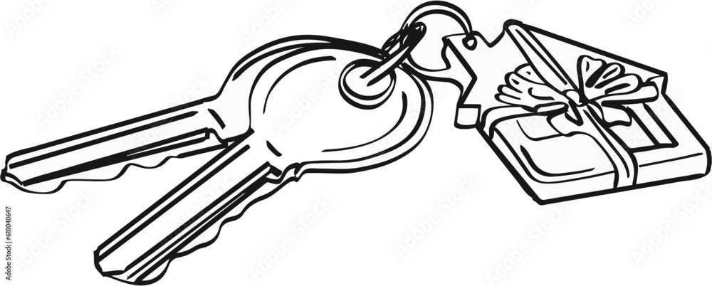 Elegant House Key Design: Outline Drawing with Small House Badge and ...