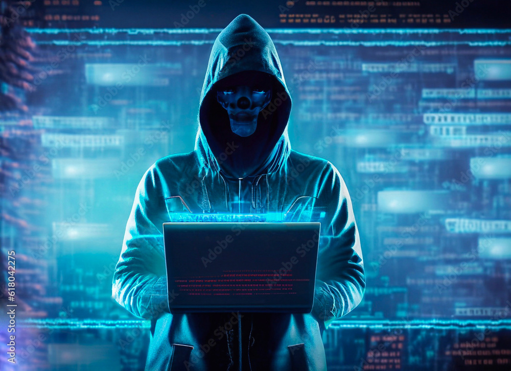 evil looking hacker with skull like face in a hoodie jacket using ...