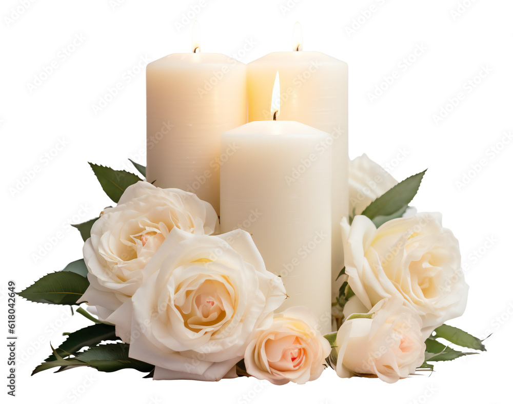 Three white burning candles surrounded by white roses. Isolated on ...