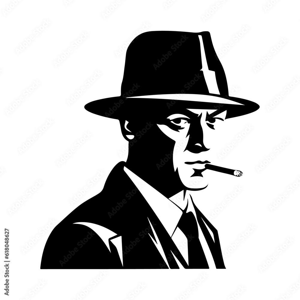 Silhouette of a mysterious man in a hat with a mustache in glasses ...