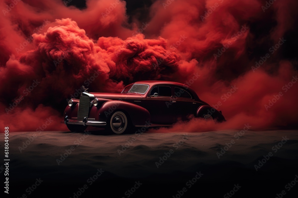 Old car drifting on dark black background with red smoke. Car in the ...