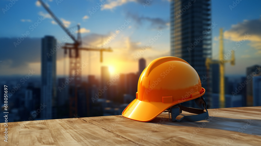 Construction helmet on a blurred background of a construction site. AI ...