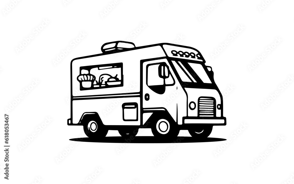Food truck doodle line art illustration with black and white style for ...