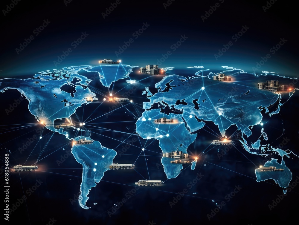 A world map with interconnected transportation routes for international ...