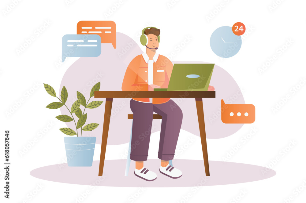Call center concept with people scene in the flat cartoon design. A ...
