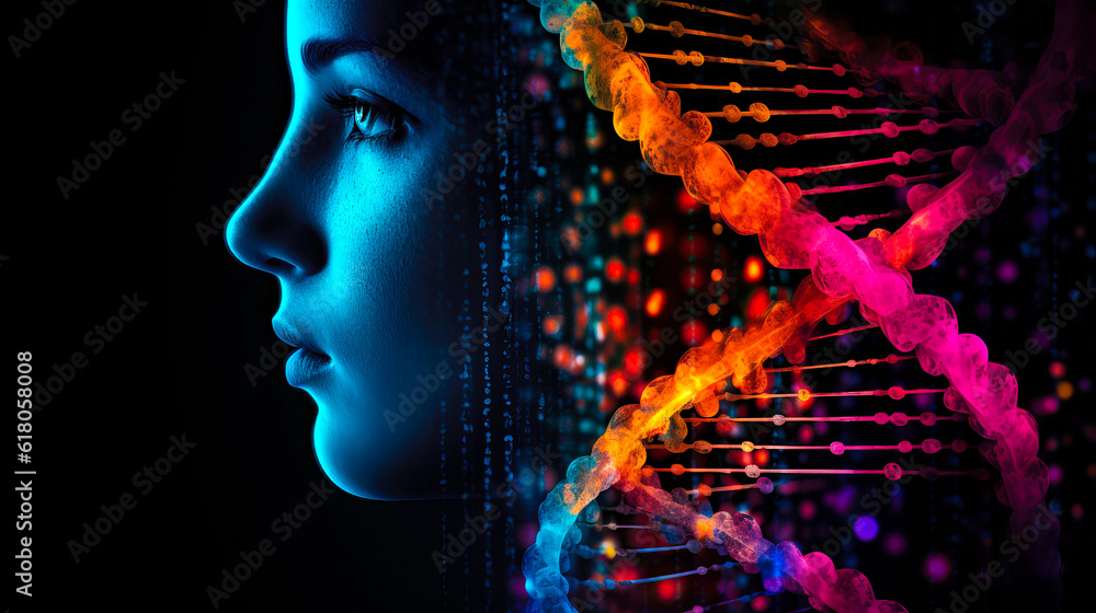 Concept of biochemistry with dna molecule, Human face, DNA on dark ...
