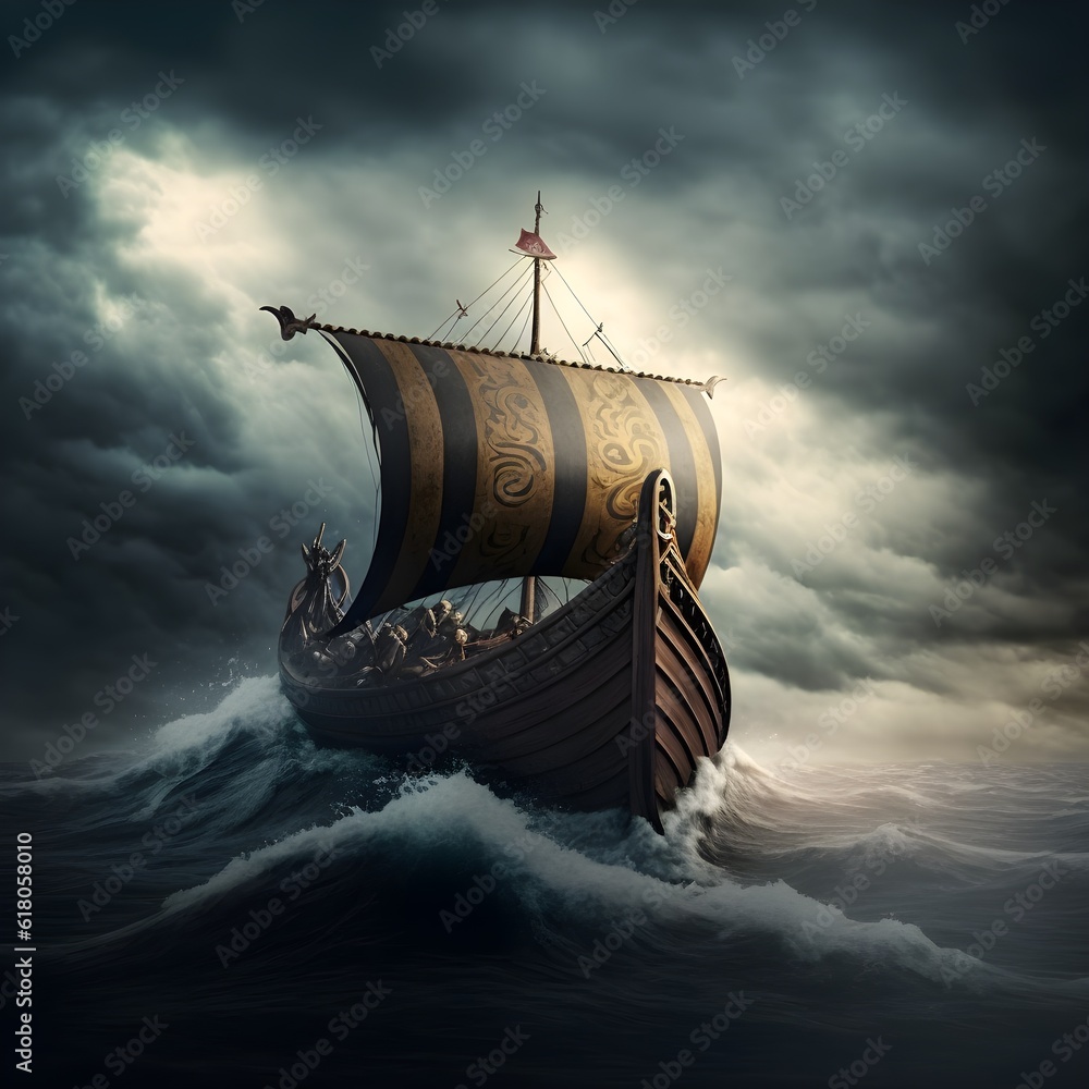 viking boat at sea stormy weather intricate ultra high resolution ...