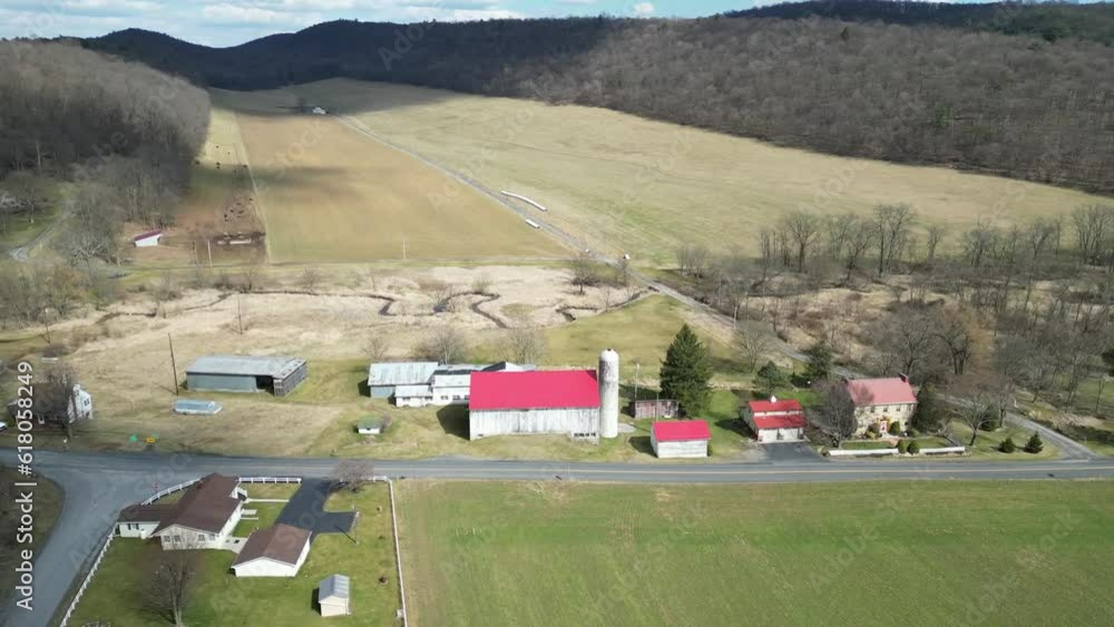 Ariel view of a rustic red roof barn in muffling county, Pennsylvania ...