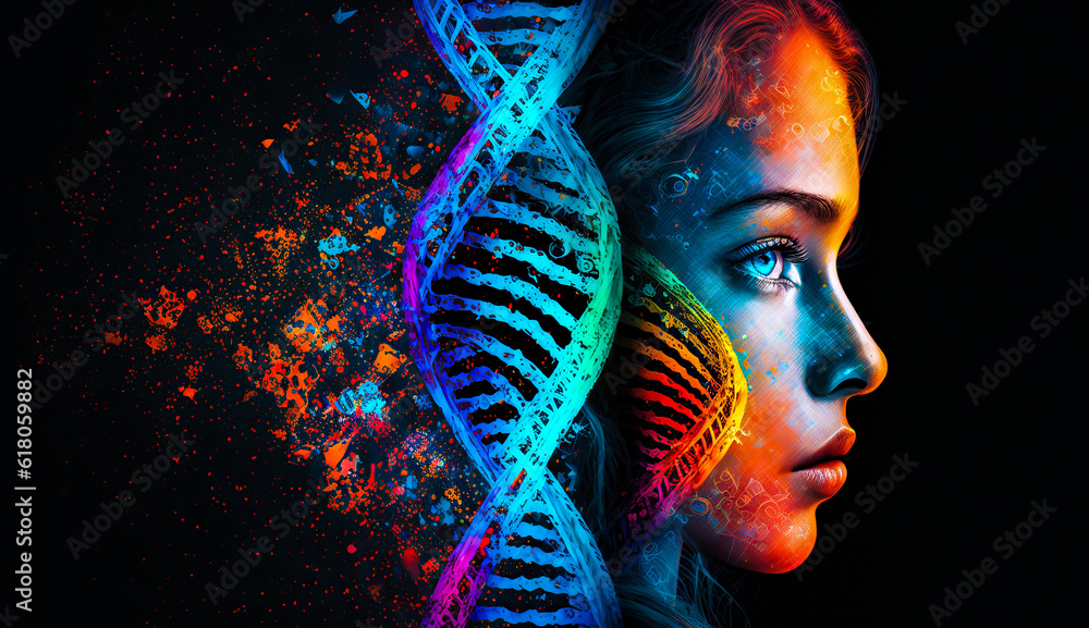Concept of biochemistry with dna molecule, Human face, DNA on dark ...