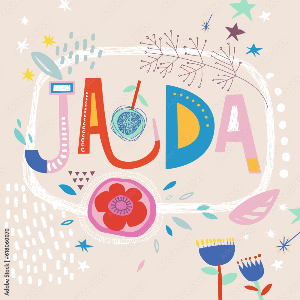 Bright card with beautiful name Jada in flowers, petals and simple ...