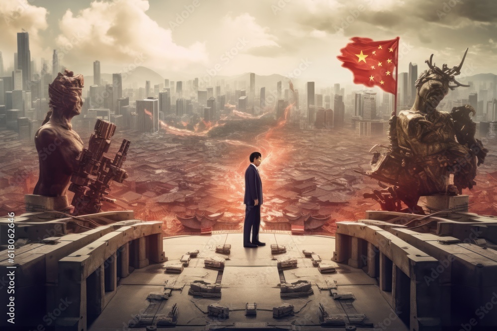 Dystopian depiction of the US attack on China. City skyscrapers ...