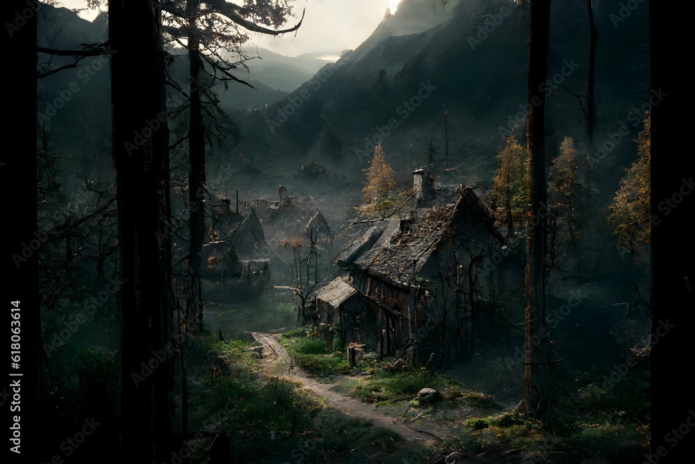 old village in forest dead landscape long trees background forest DD ...