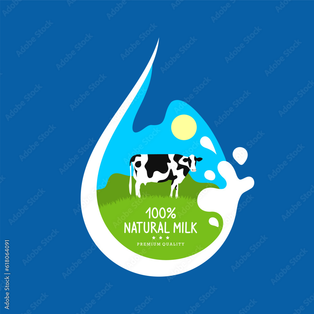 Milk drops grass cow vector frame for fresh milk product logo design ...