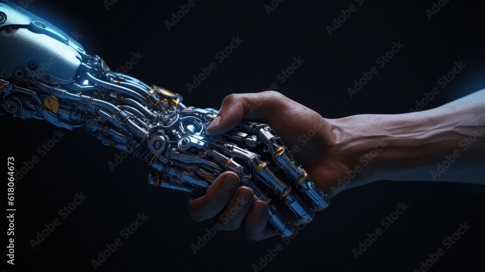 Handshake of a cyborg and a human. Metal hand and human hand ...