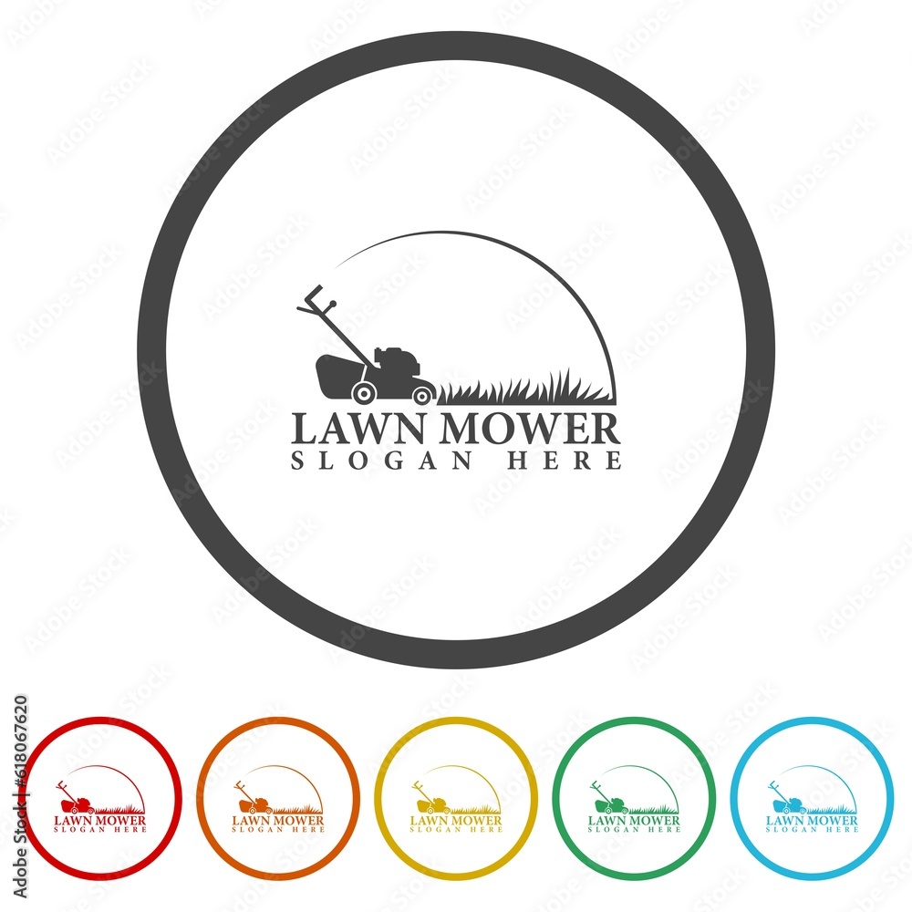 Lawn Mower Logo Template. Set icons in color circle buttons Stock ...