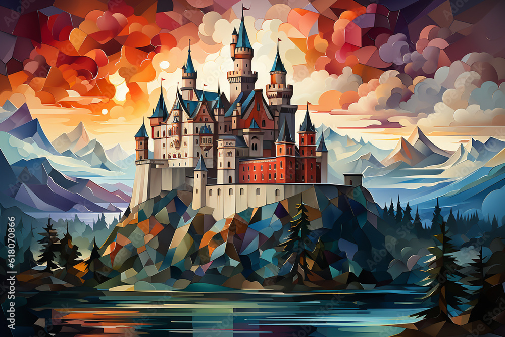 In this artwork, Neuschwanstein Castle is depicted in an abstract ...