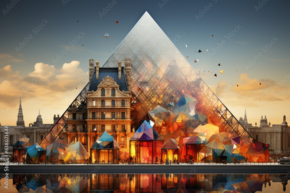 Louvre Museum, featuring fragmented shapes, overlapping textures, and ...