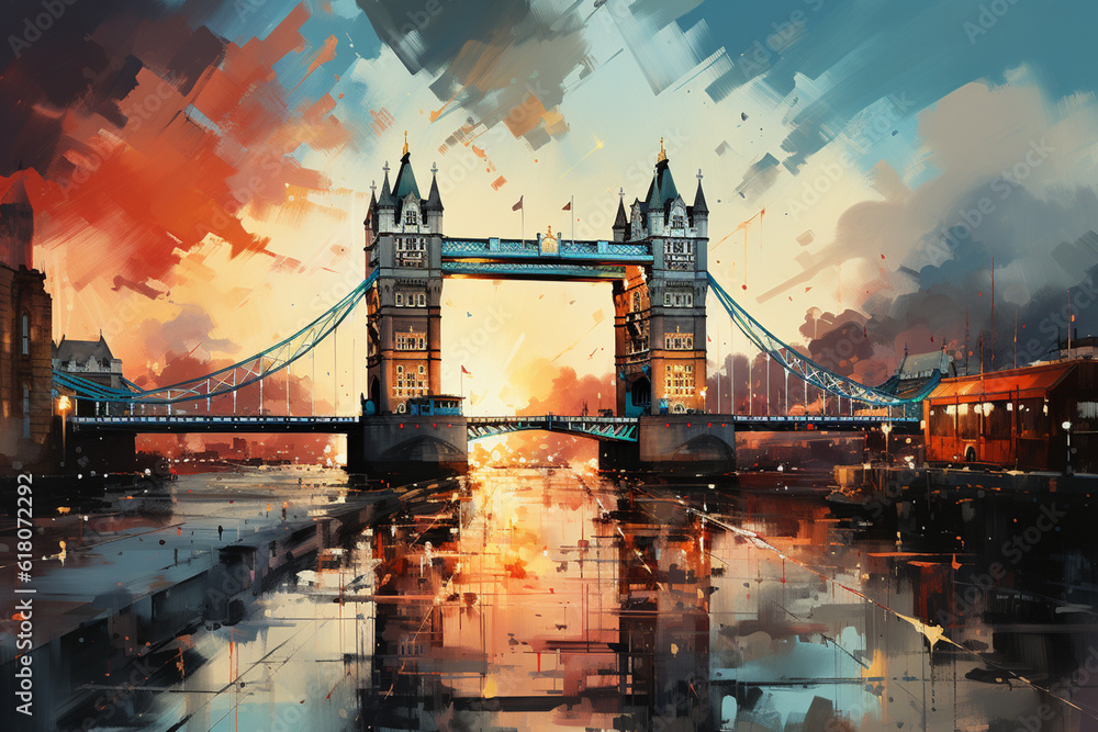Tower Bridge, combining elements of collage, texture, and abstract ...