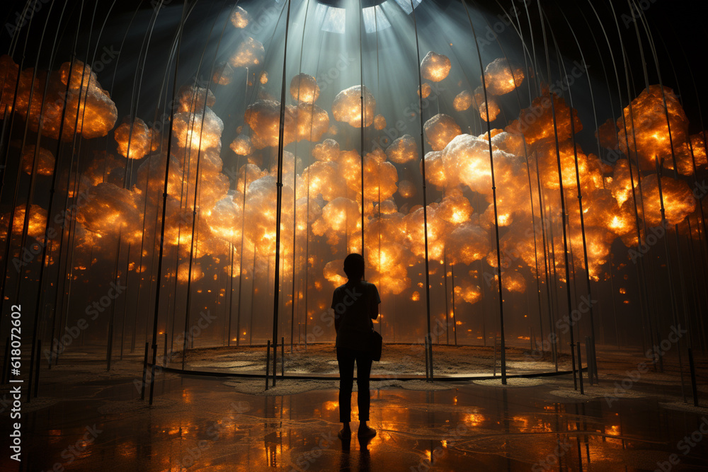 The installation features dynamic lighting effects, abstract forms, and ...