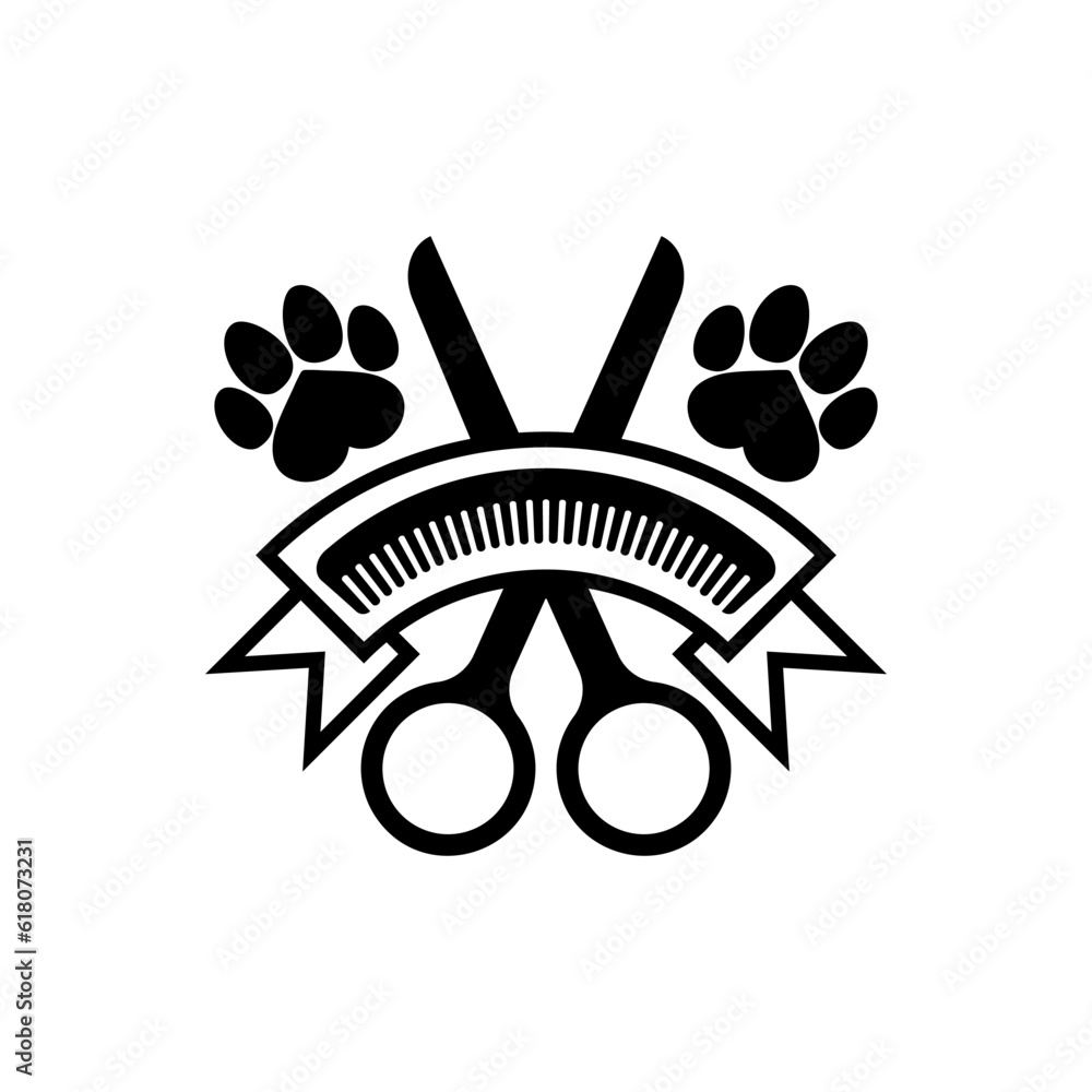 Dog and cat grooming logo design template. Paw print with comb and ...