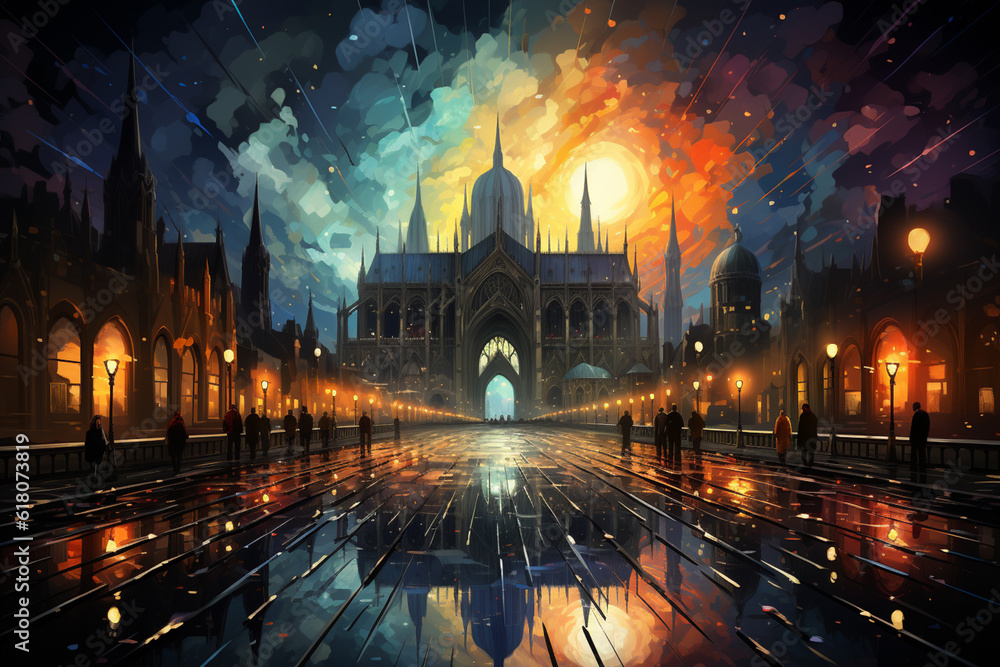 An abstract painting of Notre-Dame Cathedral, featuring geometric ...