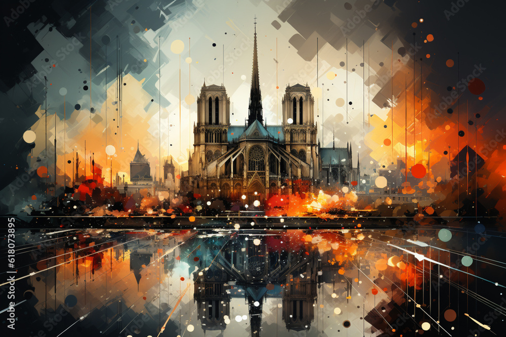 An abstract collage of Notre-Dame Cathedral, combining geometric shapes ...