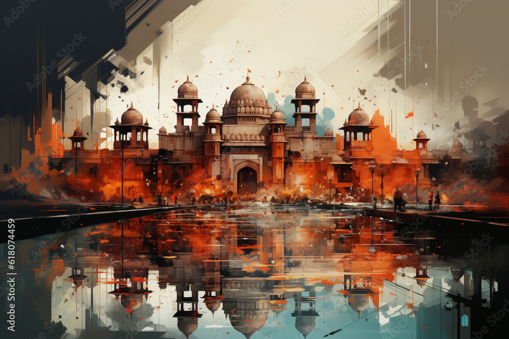 Red Fort, blending geometric cutouts, textured papers, and vibrant hues ...