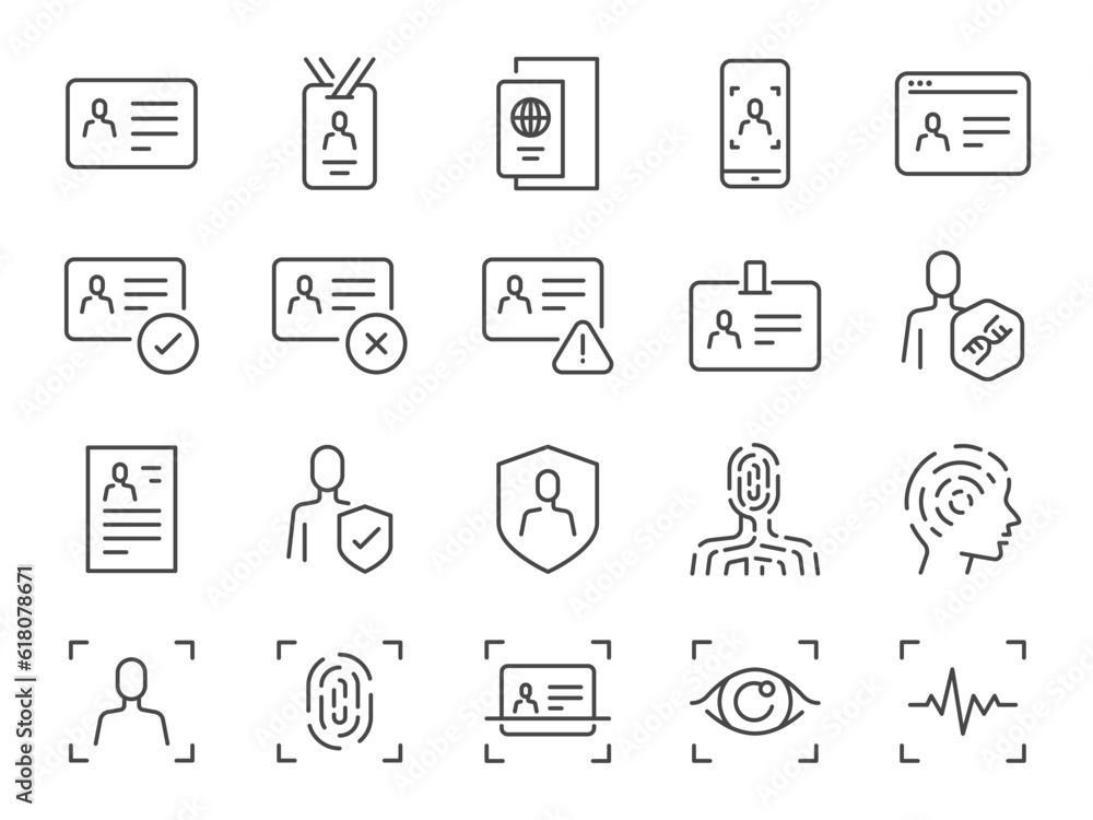 Vetor de Identity icon set. It included ID card, passport, driving ...