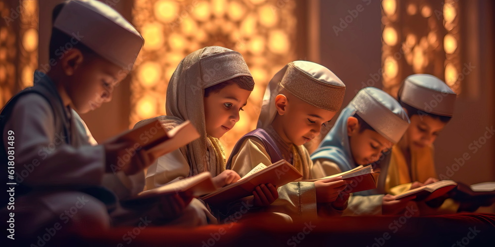 Muslim children engaged in a Quran recitation competition, showcasing ...