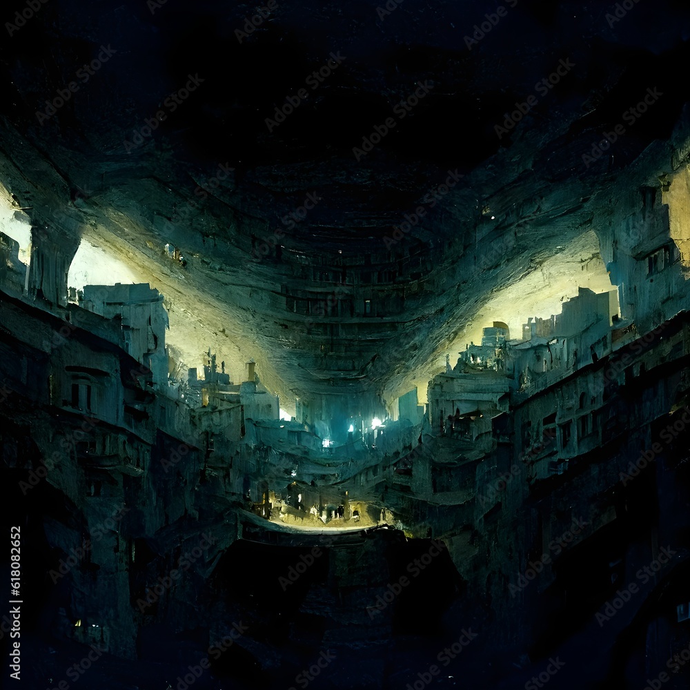 birdseye view of an ancient metropolis underground in a huge dark deep ...