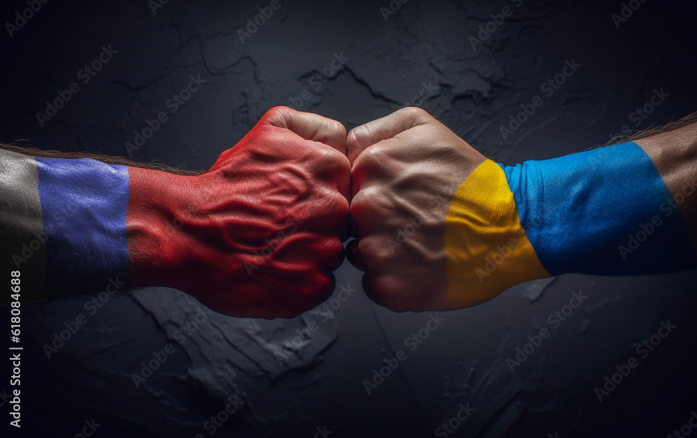 Close up on hands clenched into fists, one hand has the colors of the ...