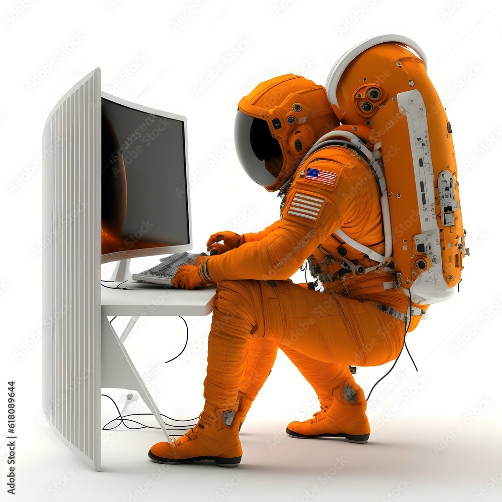 3d render behind an astronaut using computer use orange in costume ...