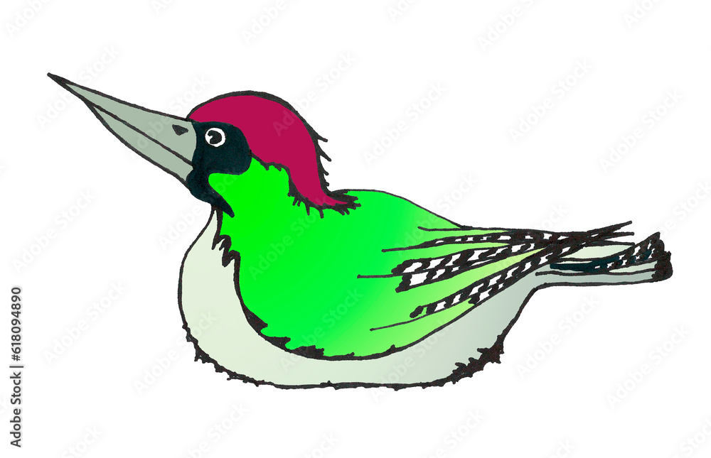 Cartoon isolated image of a red-haired green woodpecker sitting with ...