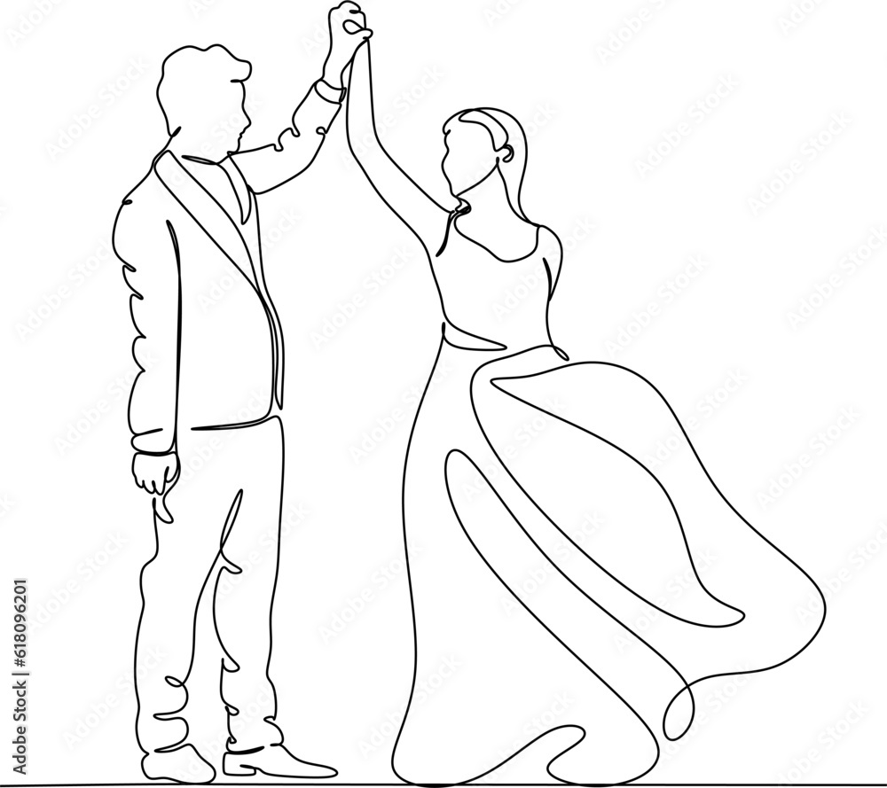 Single one line drawing happy cute married man and woman dancing on the ...