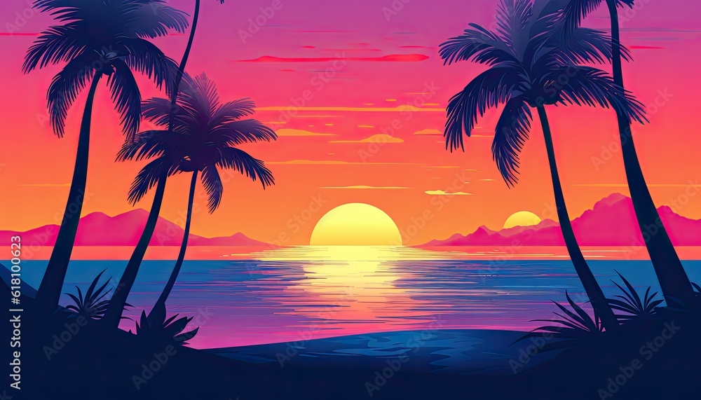 tropical beautiful beach illustration cartoon flat style simple digital ...