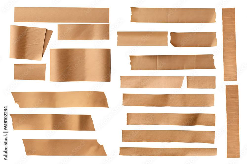 Stripes of brown textured adhesive kraft paper tape on transparent ...